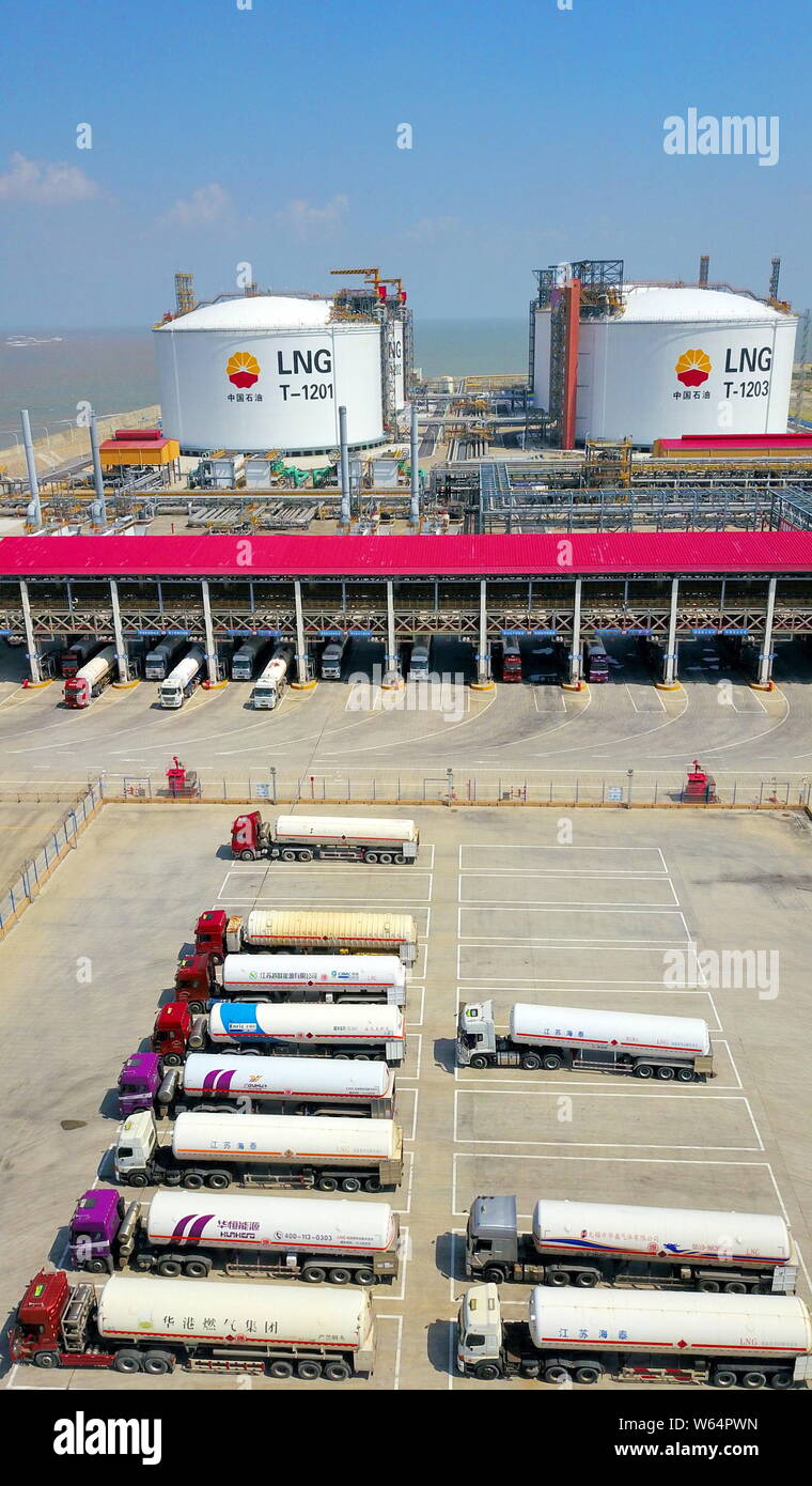 An aerial view of liquefied natural gas (LNG) storage tanks at the ...