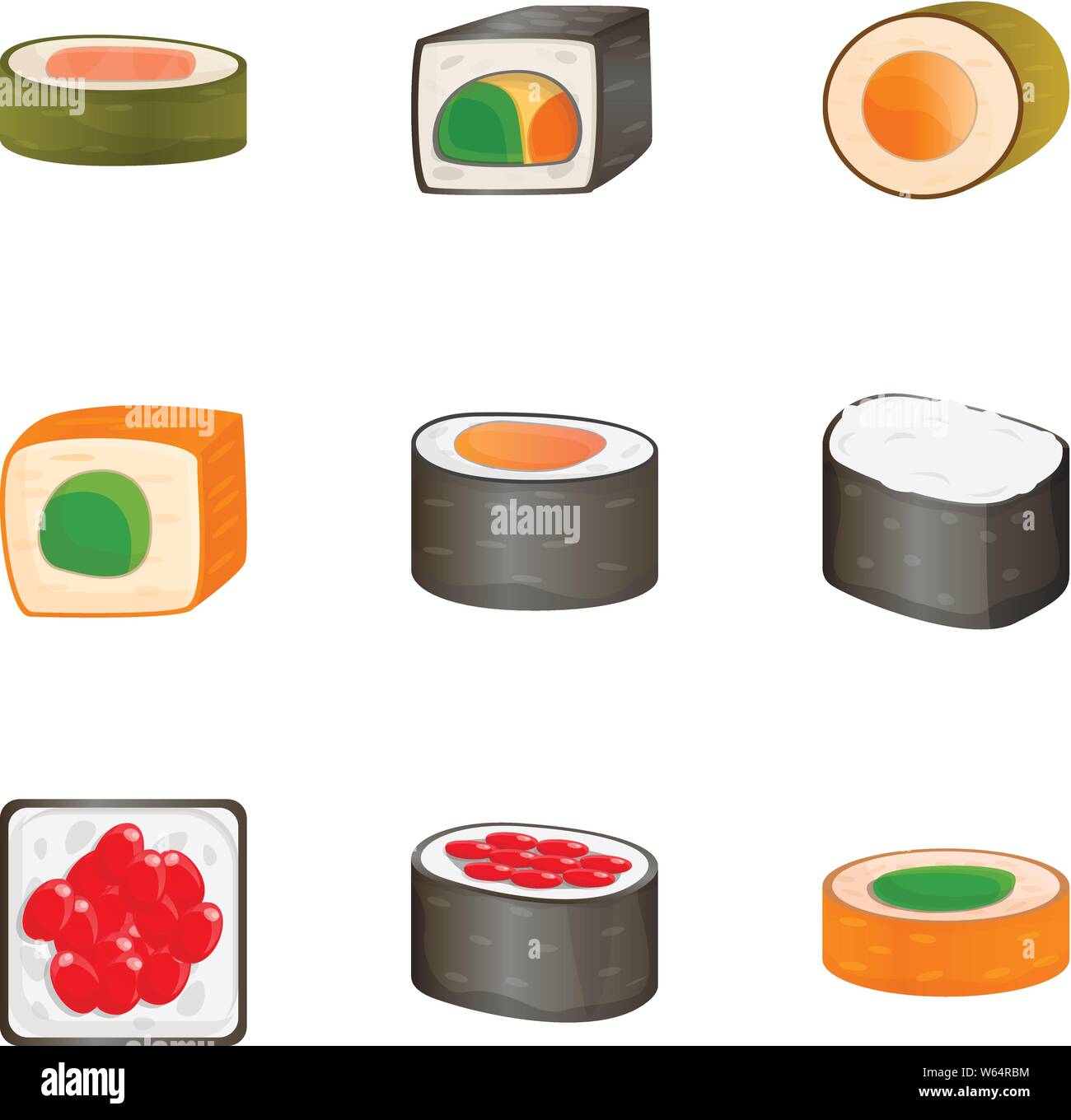 Sushi roll icon set. Cartoon set of 9 sushi roll vector icons for web ...