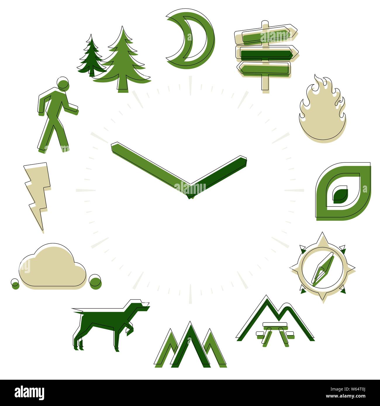 Vector illustration. Outdoor time. Activities icons in a watch sphere ...