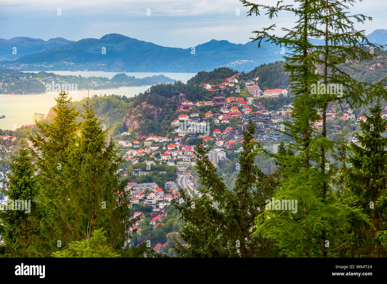 Bergen, Norway sunset aerial cityscape with colorful traditional houses ...