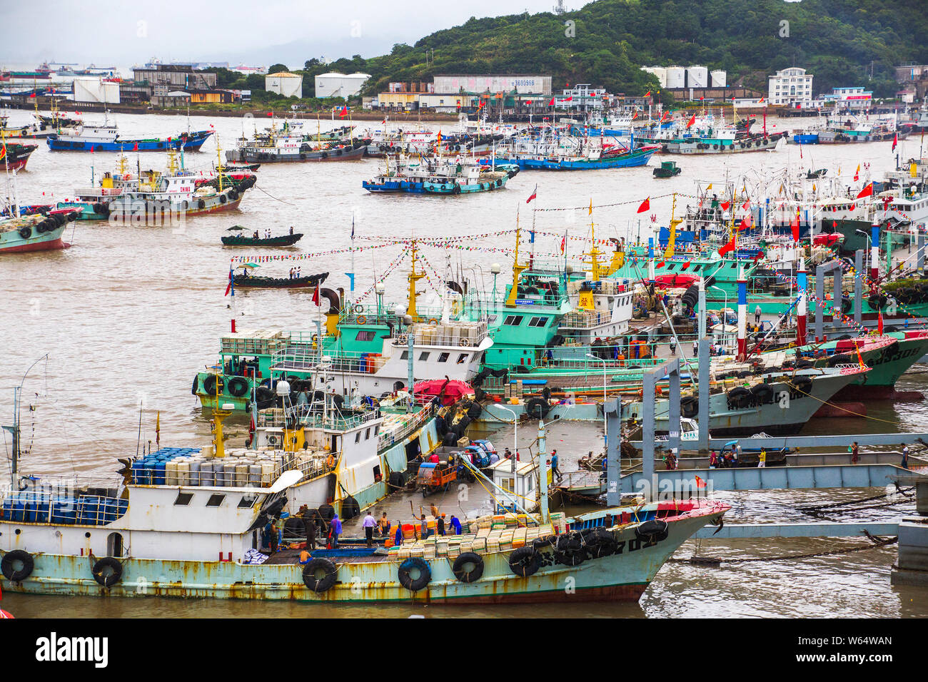 Fishing boats are docked at a harbor in preparation for Typhoon Yagi ...
