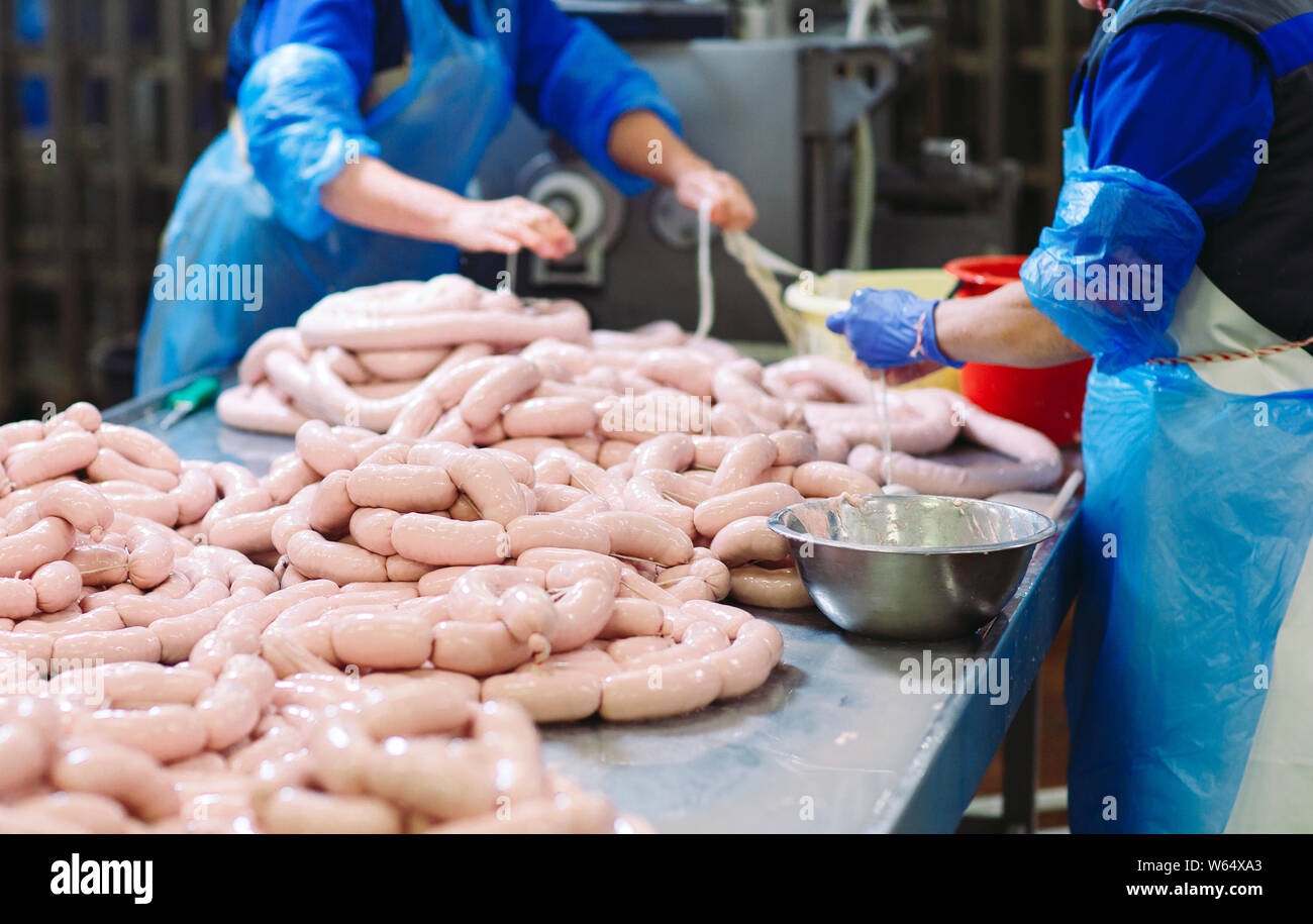 Butchers processing sausages at a meat factory Stock Photo - Alamy