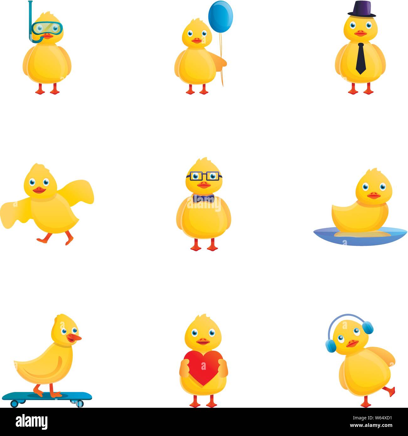 Little yellow duck icon set. Cartoon set of 9 little yellow duck vector ...
