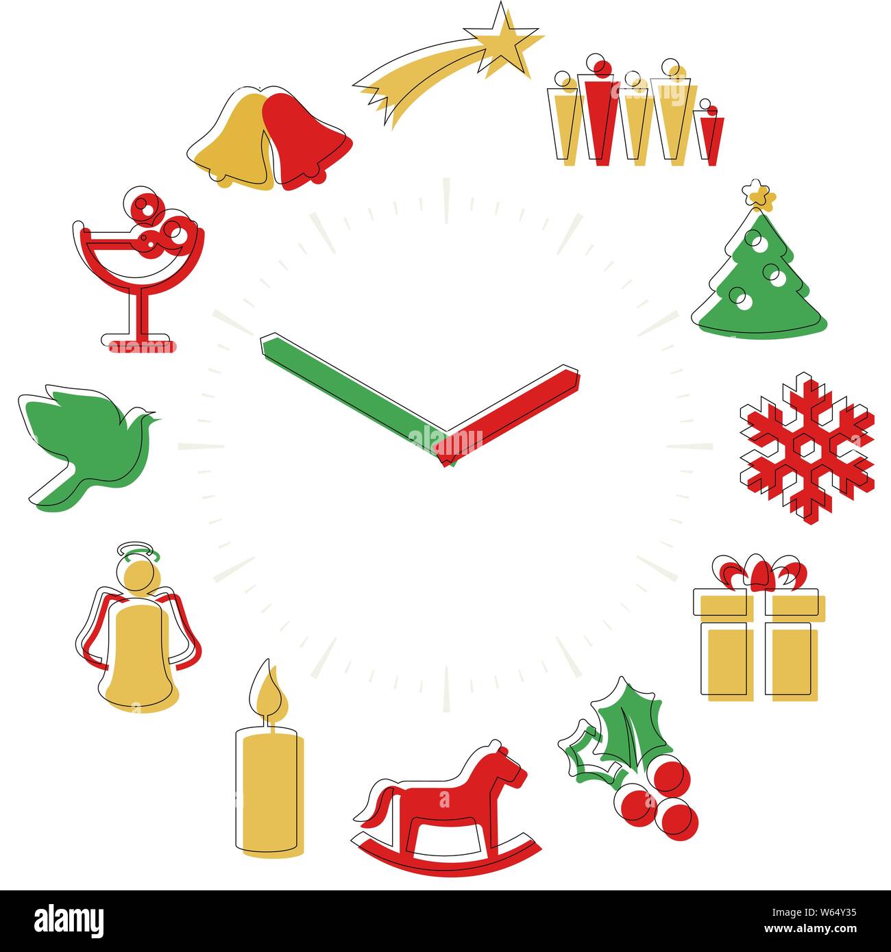 Vector illustration. Christmas time. Activities icons in a watch sphere ...