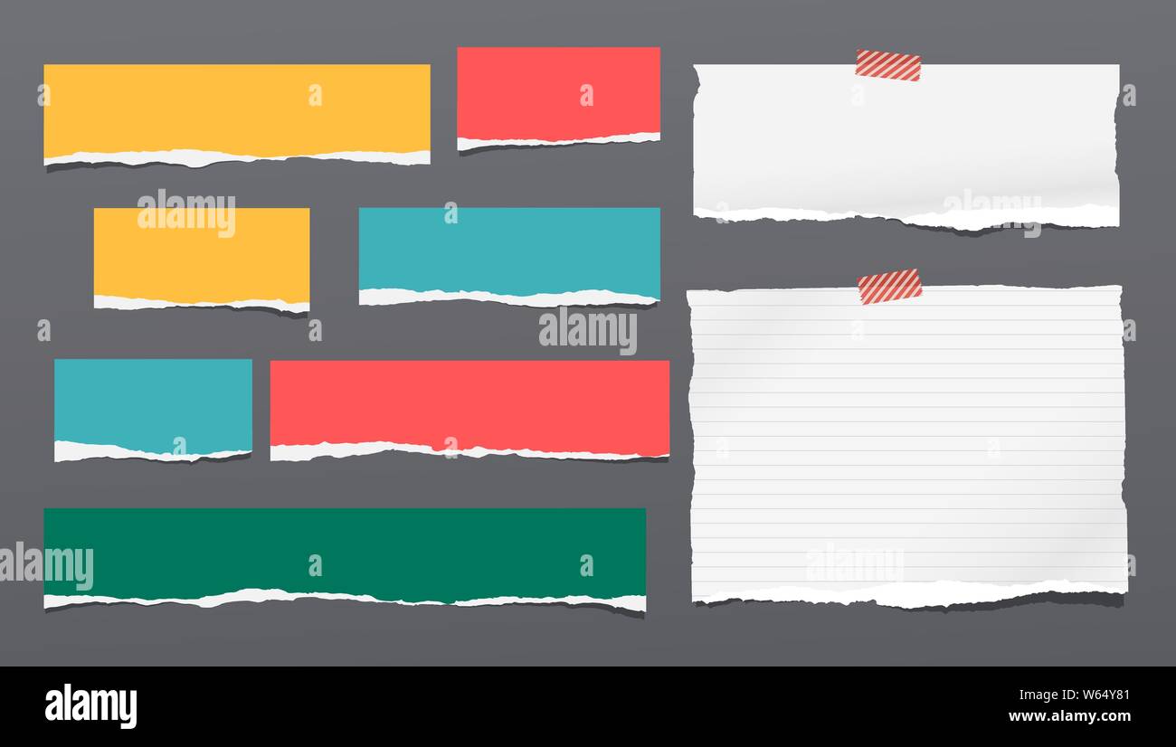 White colorful ripped, torn note, notebook paper strips, stuck with ...