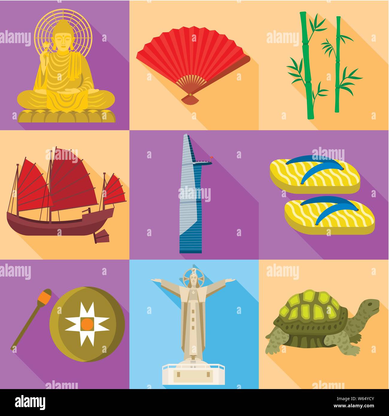 Vietnam landmark icon set. Flat set of 9 vietnam landmark vector icons ...