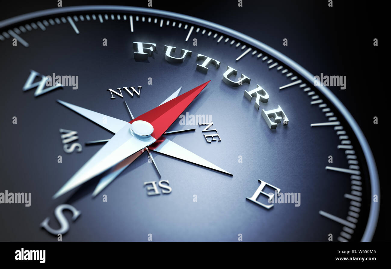 Dark compass with red needle pointing at the word future - 3D ...