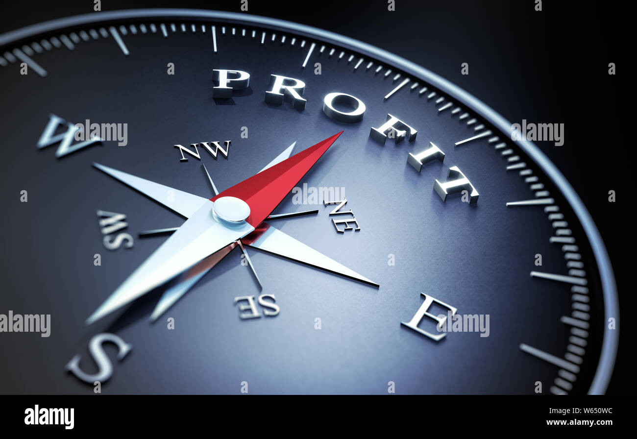 Dark compass with red needle pointing at the word profit - 3D ...
