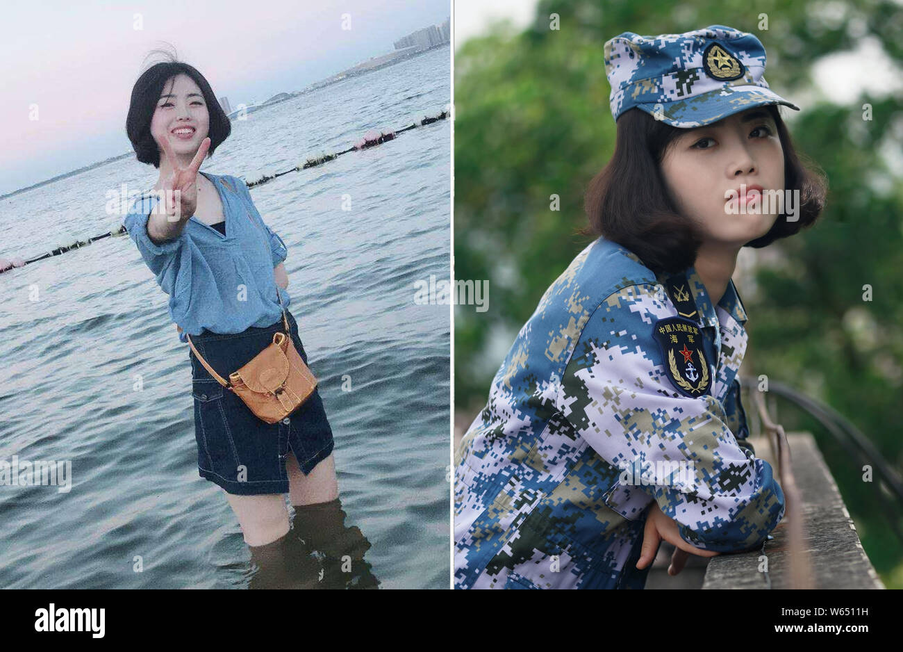 This composite photo shows female Chinese soldier Ding Jie before and ...