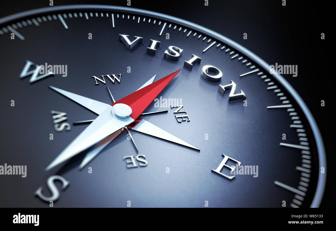 Dark compass with red needle pointing at the word vision - 3D ...