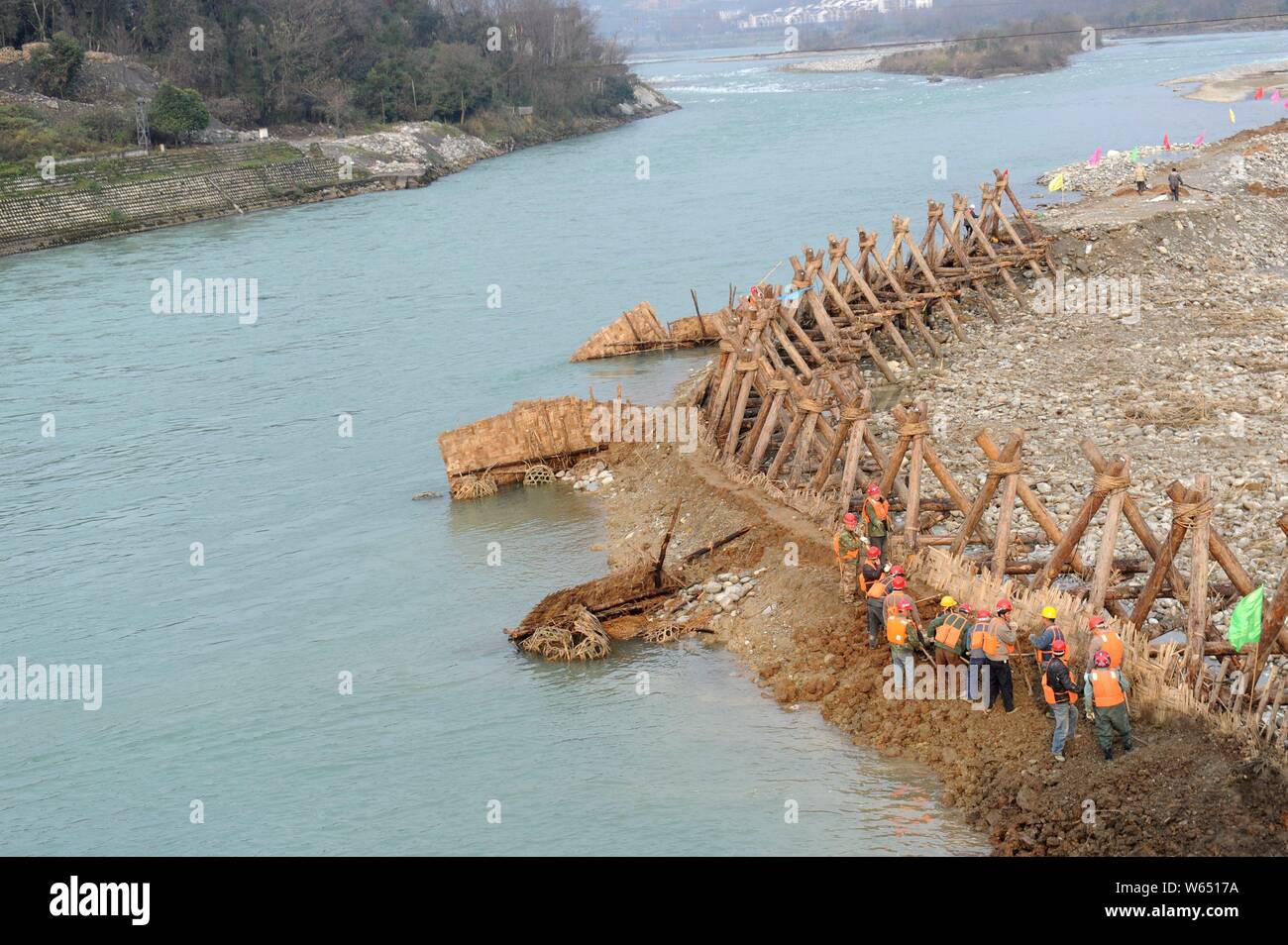 View of the Dujiangyan irrigation system under renovation over Min ...