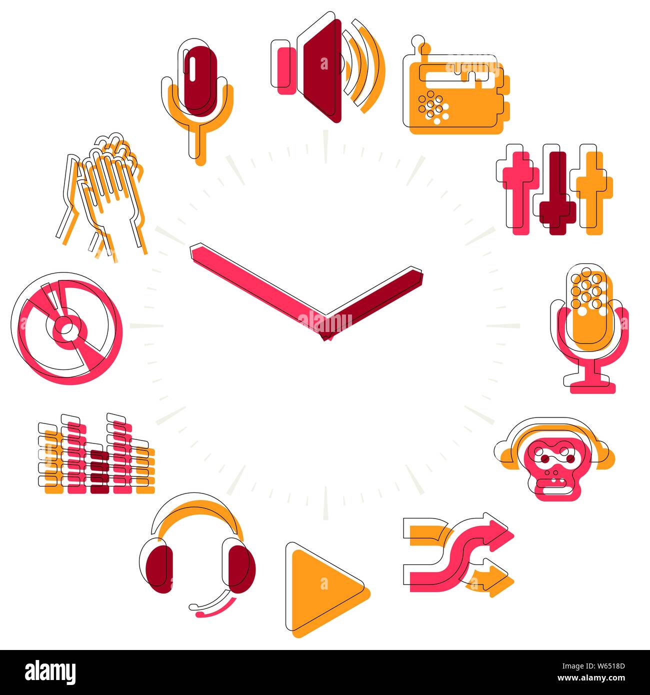 Vector illustration. Music time. Activities icons in a watch sphere ...