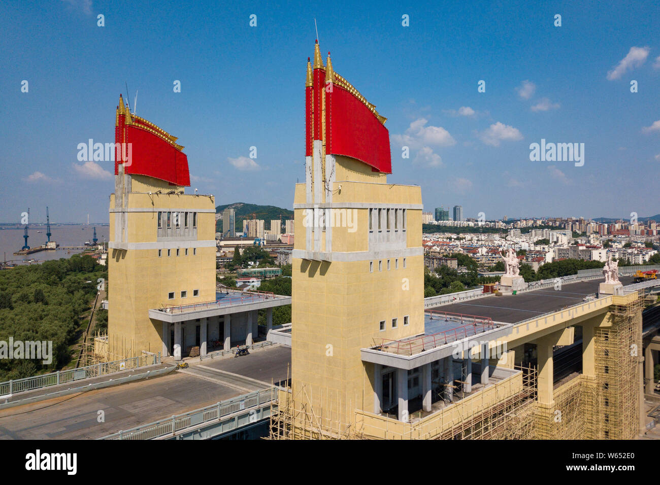 Aerial view of the 70-meter-high bridgehead of the Nanjing Yangtze ...