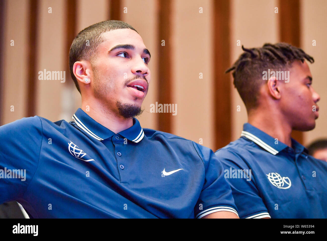 NBA star Jayson Tatum of Boston Celtics attends a press conference for ...