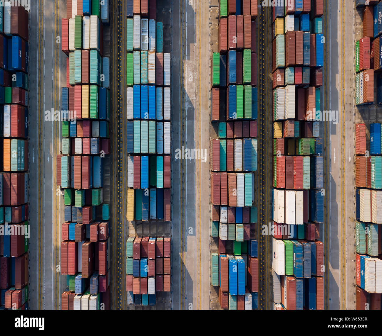 An aerial view of stacks of containers at the Yangshan Deep-Water Port ...