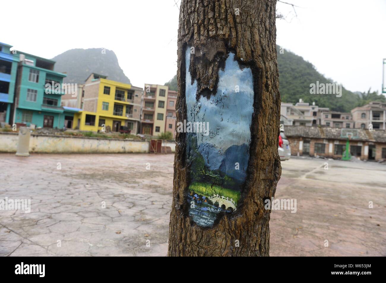 A colored drawing is seen on a tree in Heye village, Babao town ...