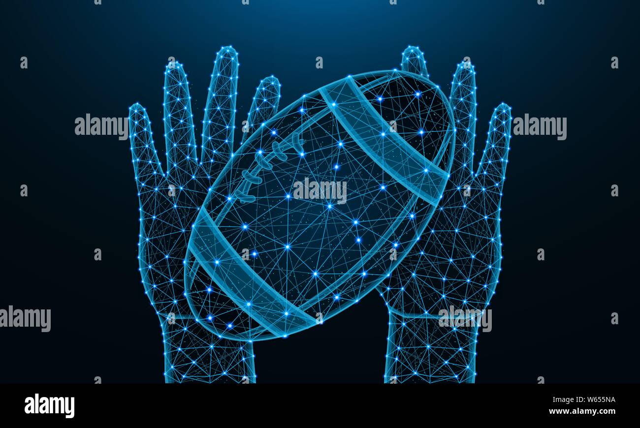 Hands and ball for playing rugby football low poly design, sports game ...