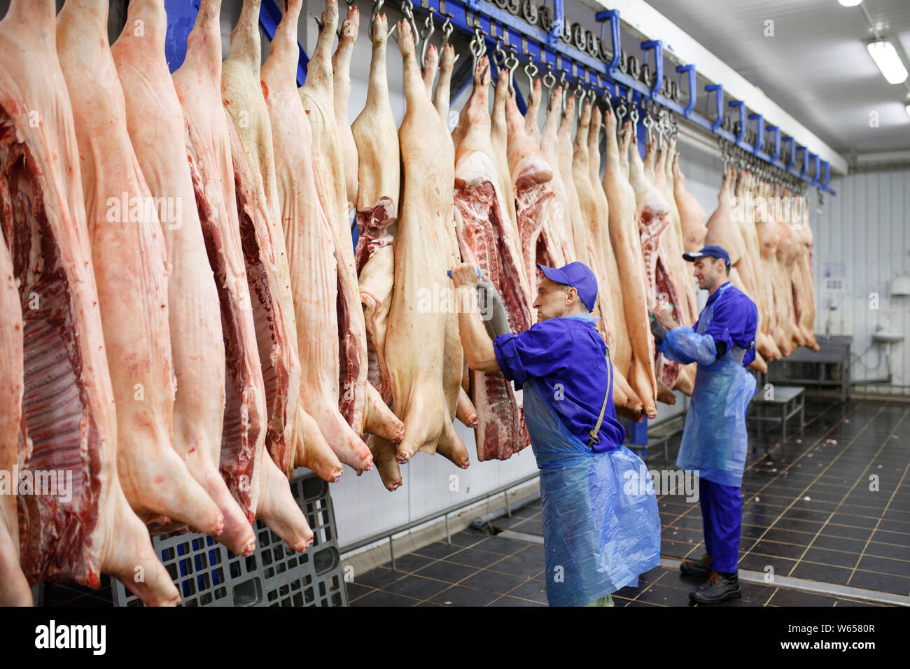 Butcher cutting pork at the meat manufacturing Stock Photo - Alamy