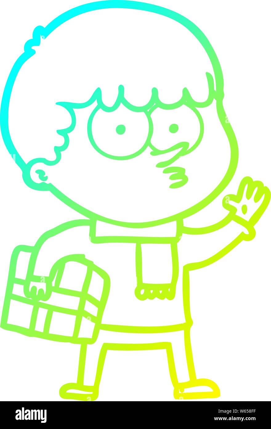 cold gradient line drawing of a cartoon curious boy carrying a gift ...