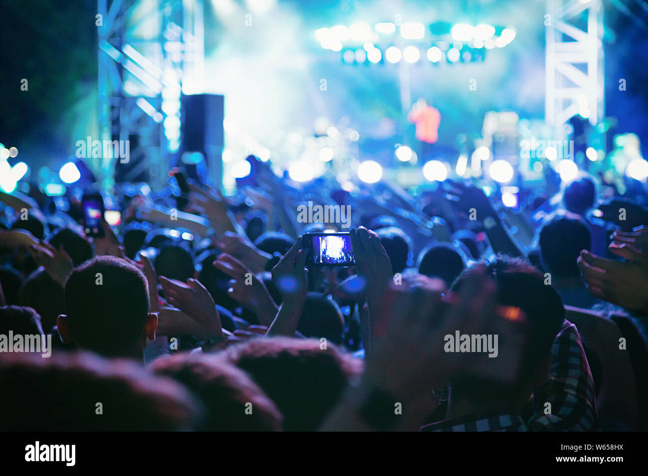 A big concert crowd having fun in front of the stage. The audience is ...