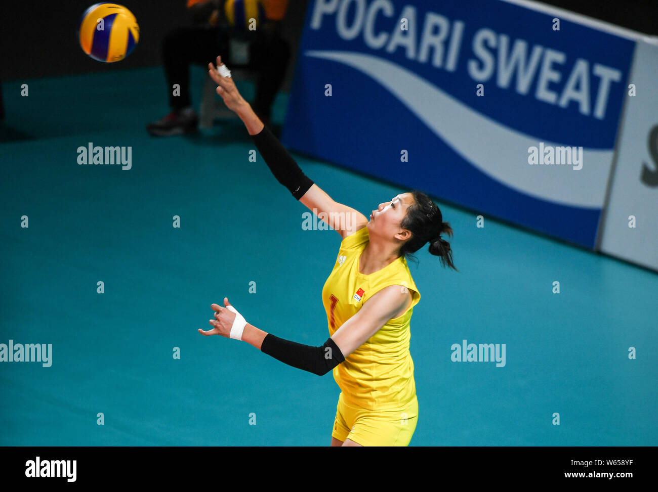Yuan Xinyue of China spikes against South Korea in the Women's ...
