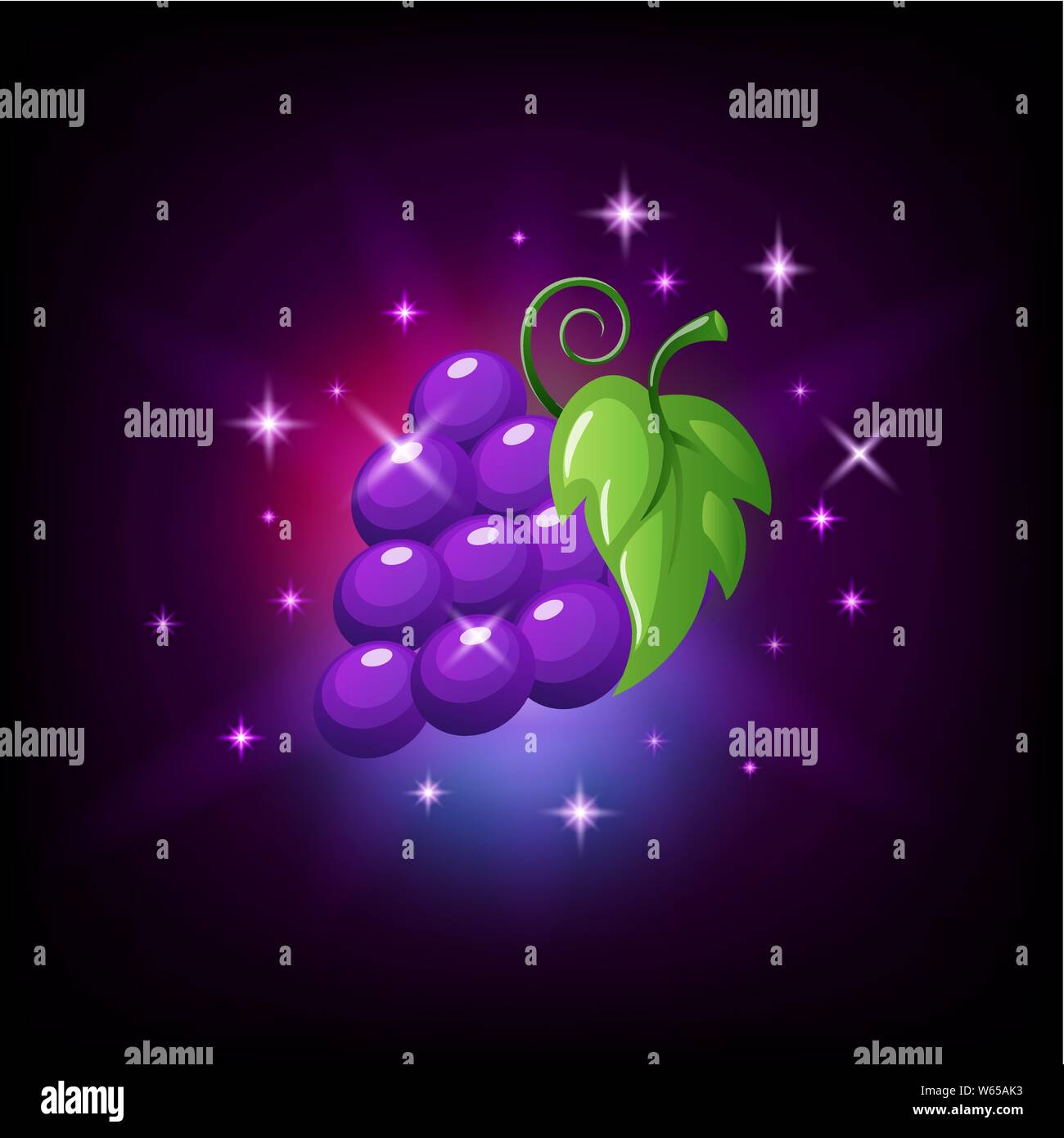 Purple grapes bunch with green leaf and sparkles, slot icon for online ...
