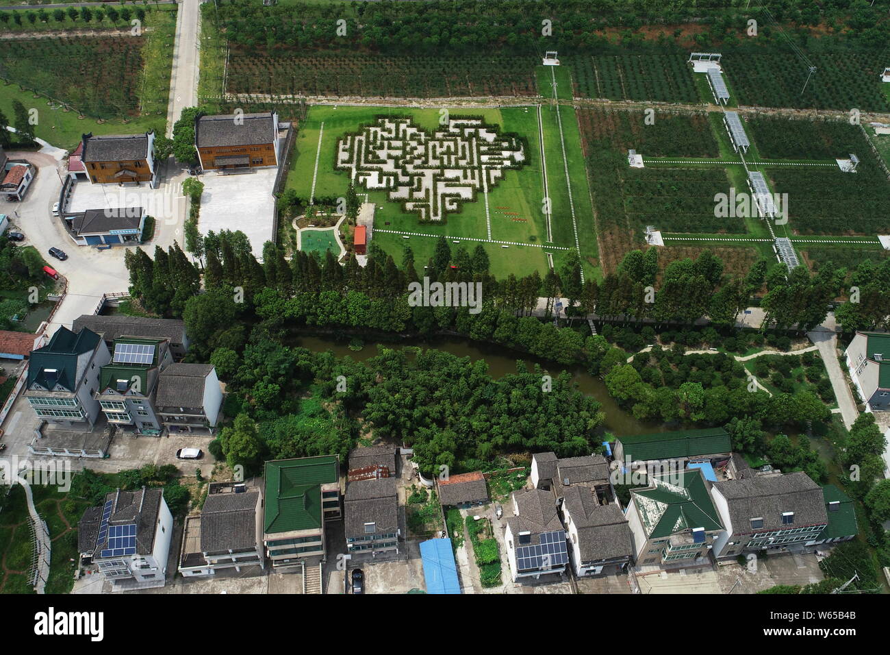Aerial view of a maze featuring the shape of heart in Yousheng village ...