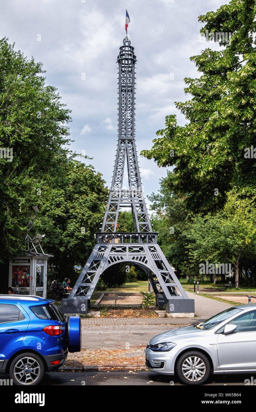 Mini Eiffel tower outside the Center Français de Berlin. A German ...
