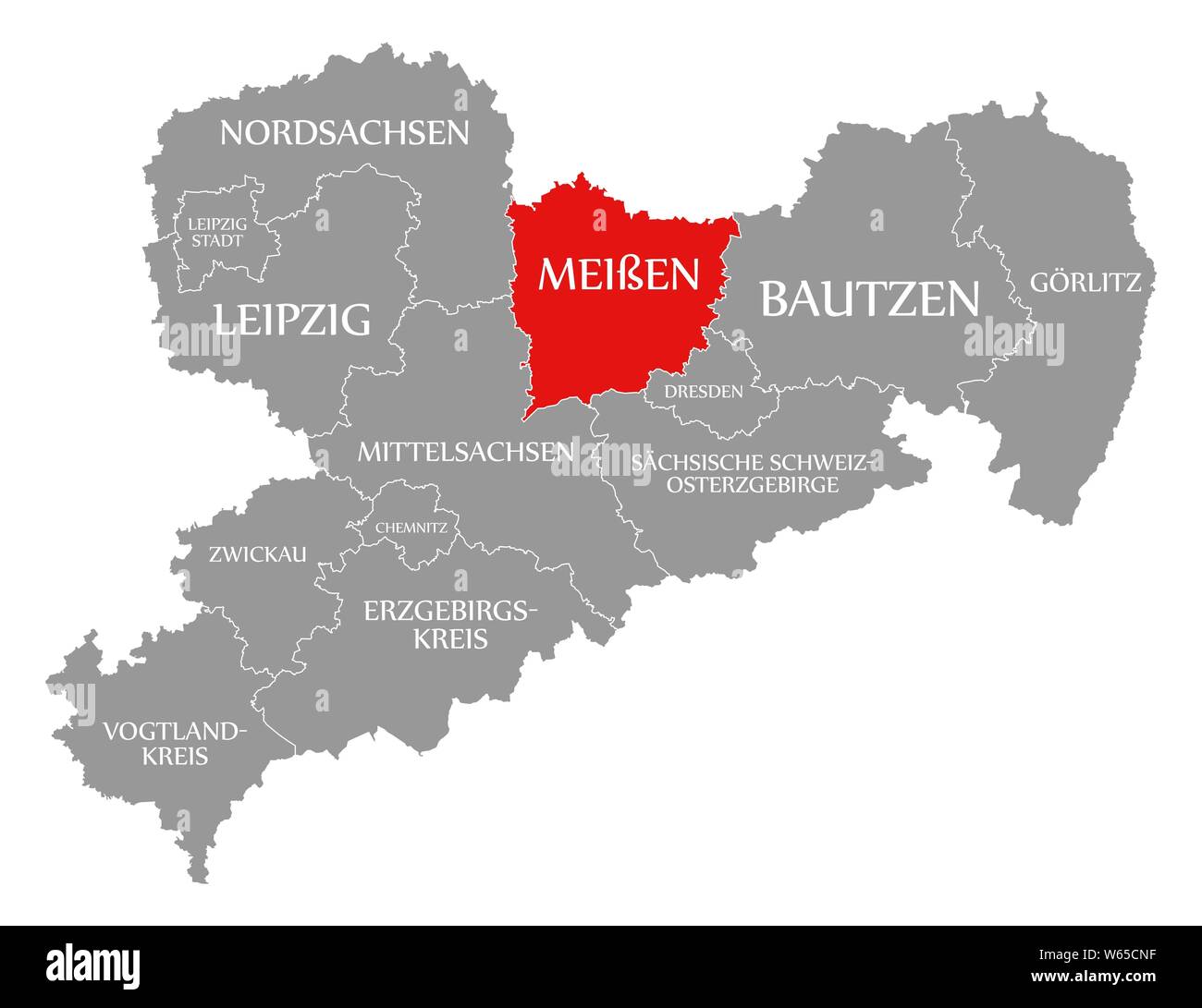Meissen red highlighted in map of Saxony Germany DE Stock Photo - Alamy
