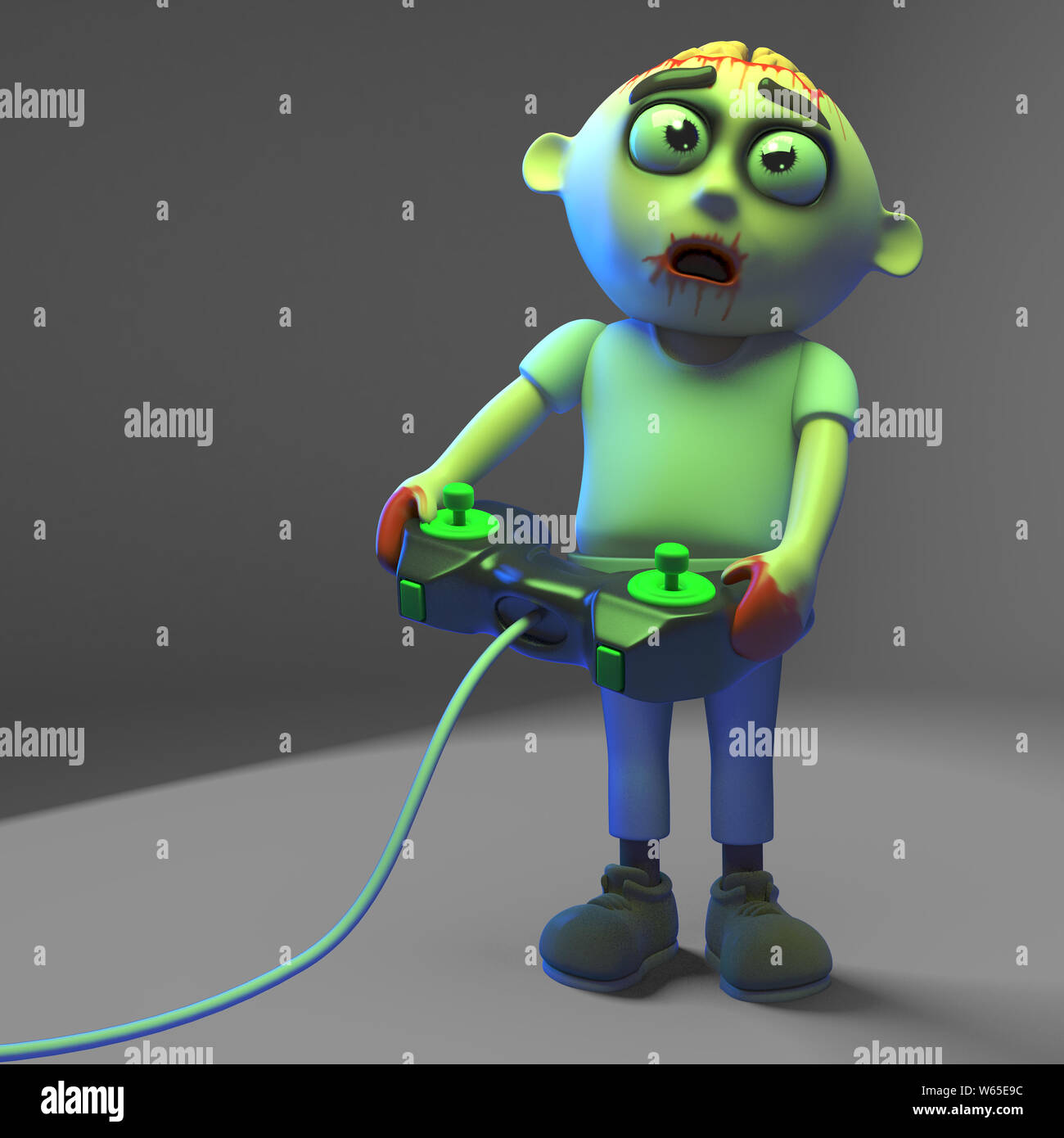 Undead zombie monster plays video games on his own, 3d illustration ...