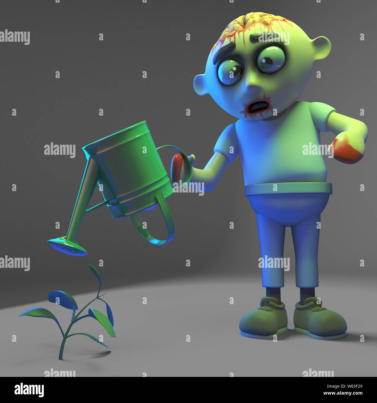 Funny zombie monster is watering his undead plants unsuccessfully, 3d ...