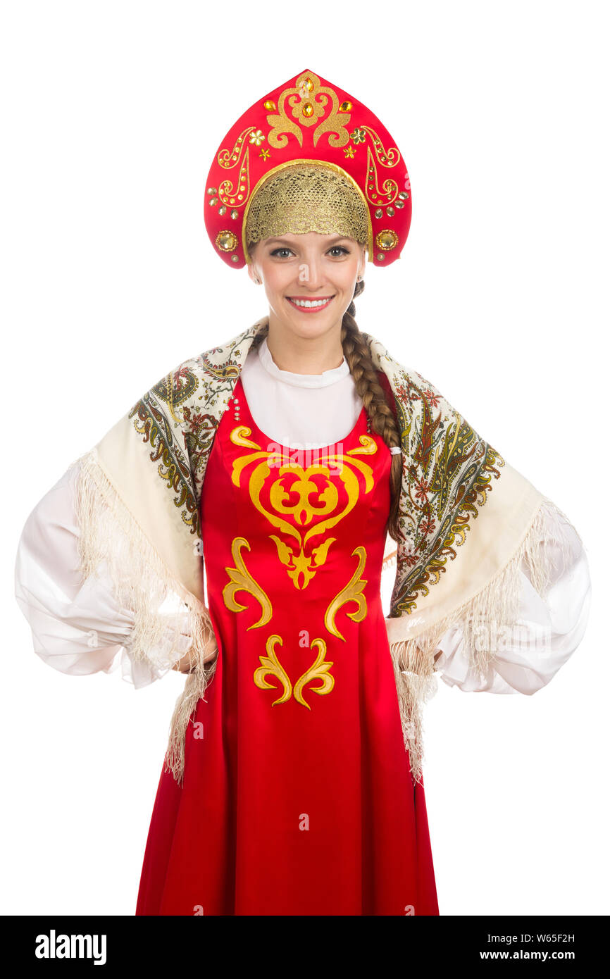 beautiful smiling russian girl in folk costume isolated on white Stock ...