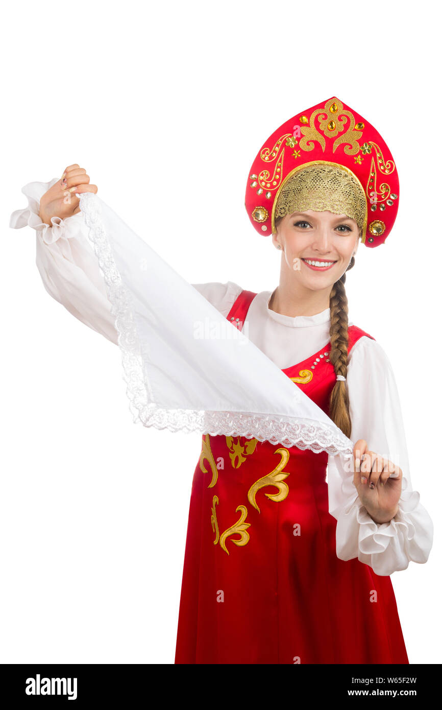 beautiful smiling russian girl in folk costume isolated on white Stock ...
