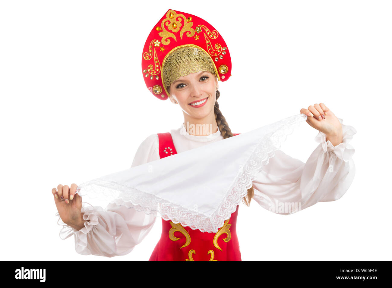beautiful smiling russian girl in folk costume isolated on white Stock ...