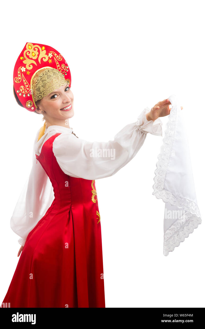 beautiful smiling russian girl in folk costume isolated on white Stock ...
