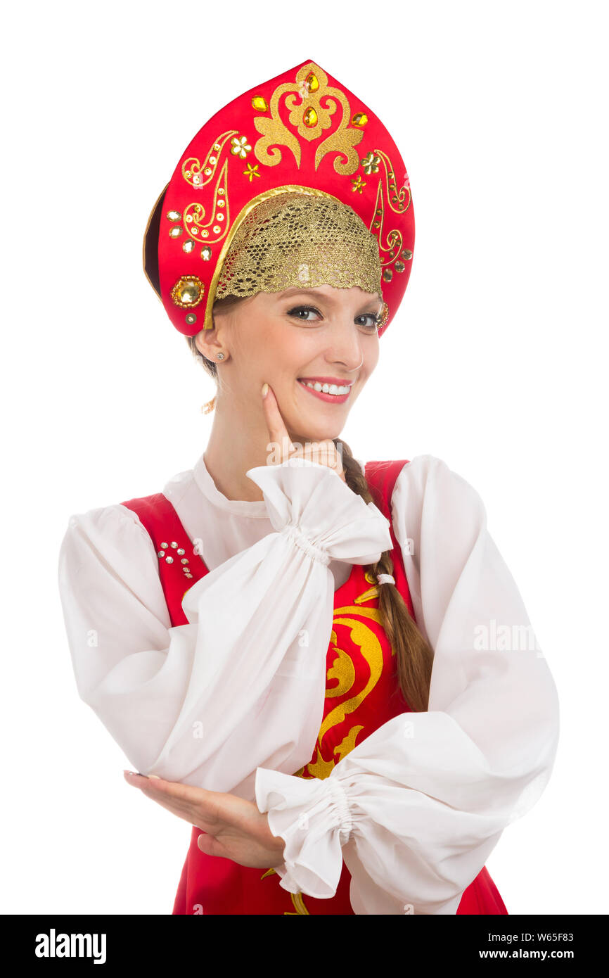 beautiful smiling russian girl in folk costume isolated on white Stock ...