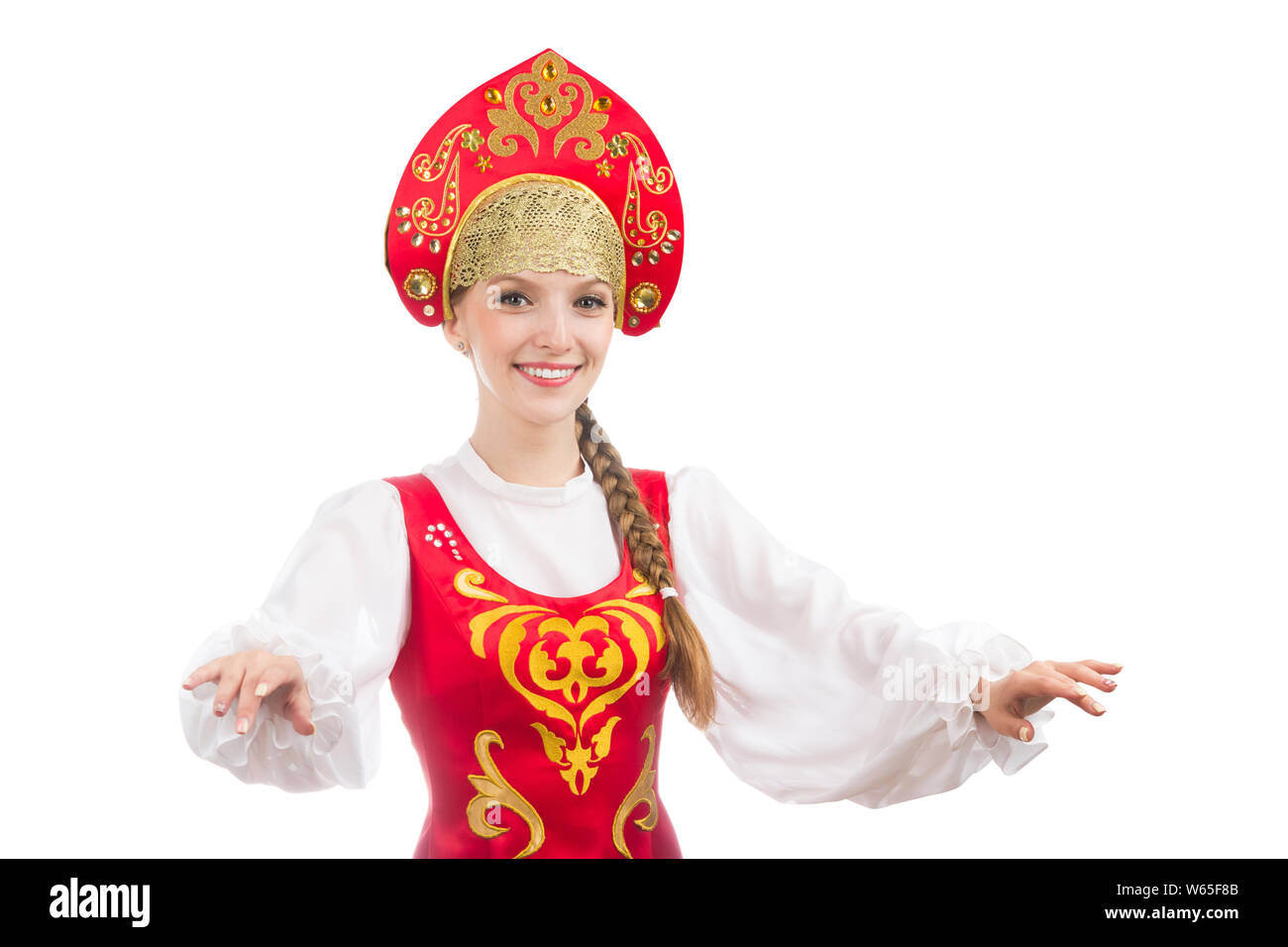 beautiful smiling russian girl in folk costume isolated on white Stock ...