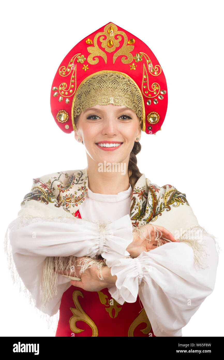 beautiful smiling russian girl in folk costume isolated on white Stock ...