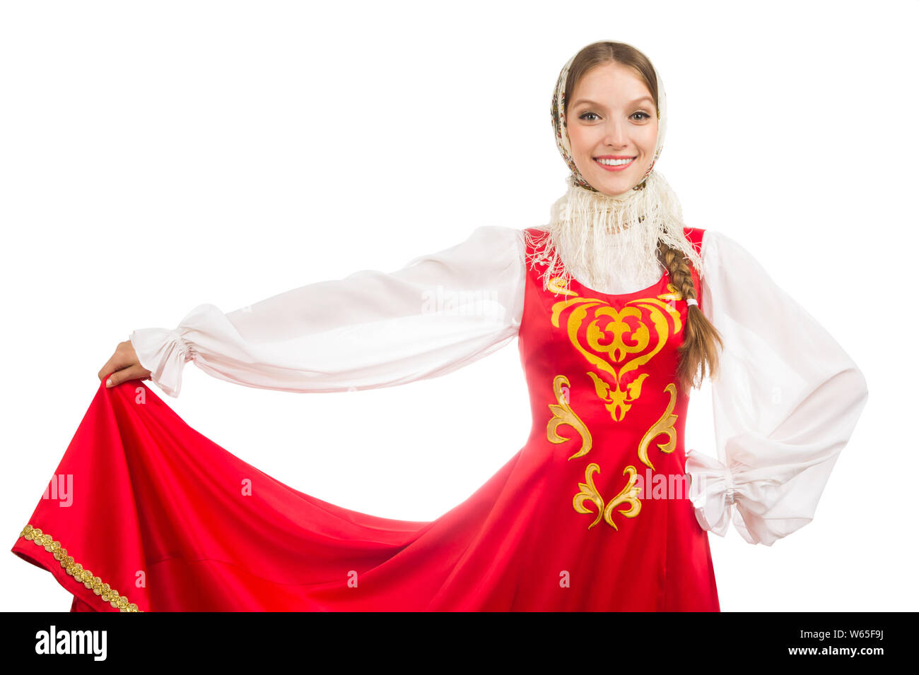 beautiful smiling russian girl in folk costume isolated on white Stock ...