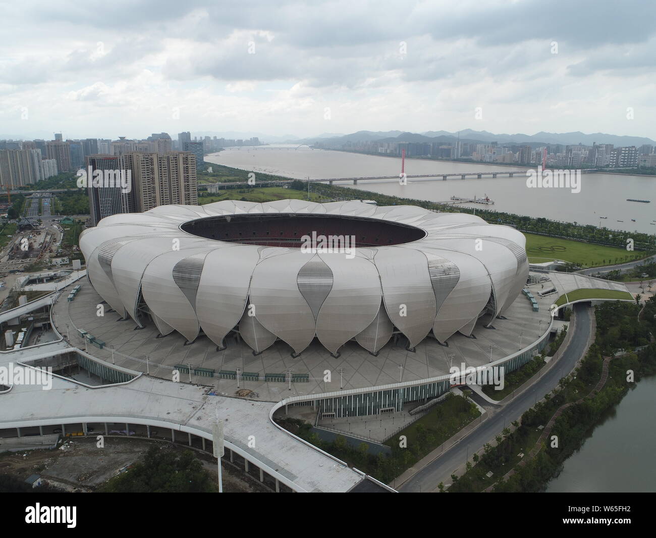 An aerial view of the main stadium of the Hangzhou Olympic Sports ...