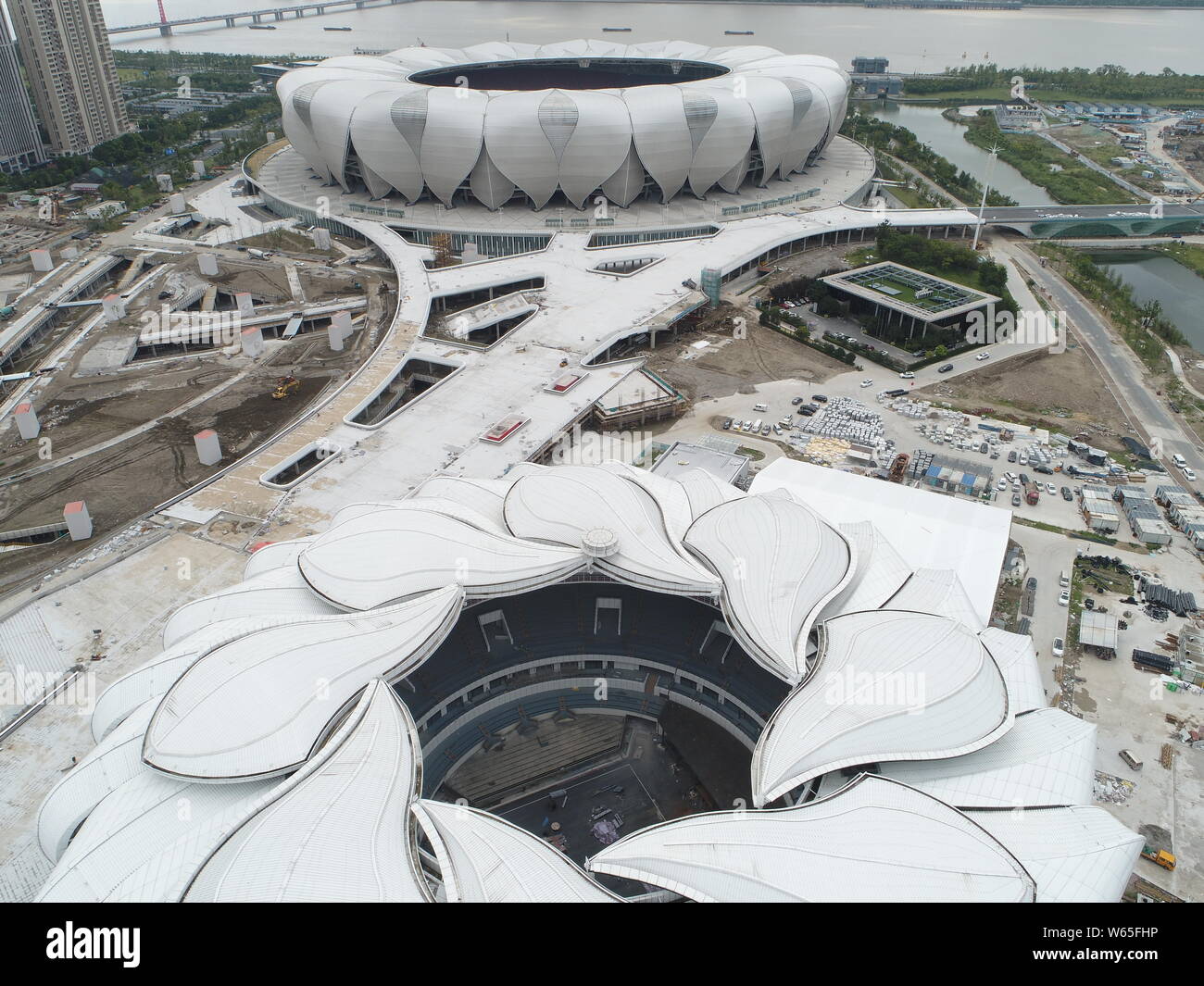 An aerial view of the main stadium, back, and the tennis center of the ...