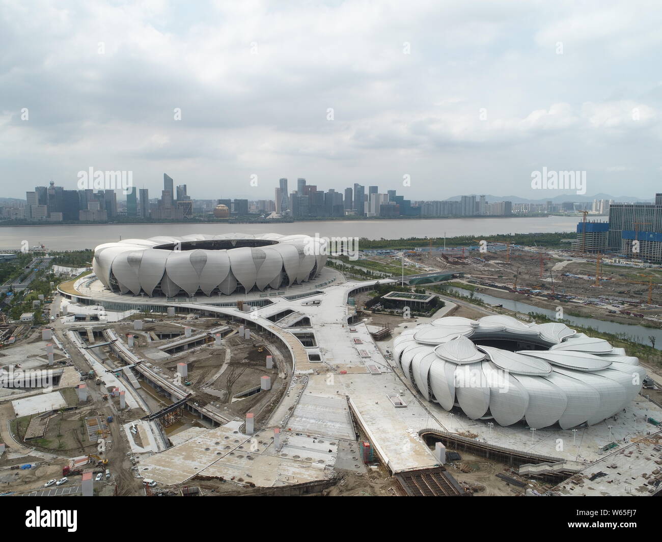An aerial view of the main stadium, back, and the tennis center of the ...