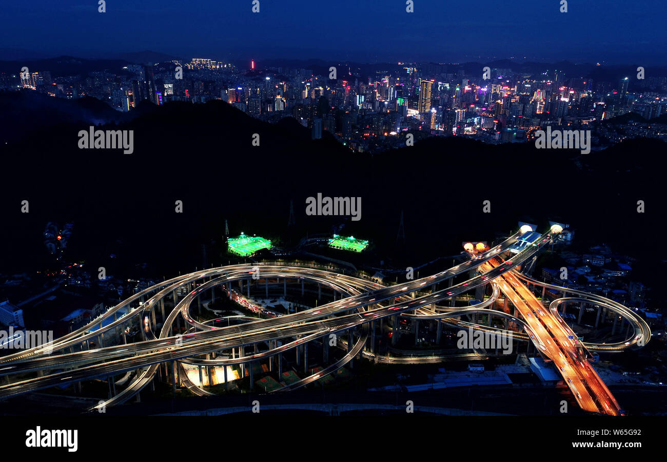 Aerial view of Guiyang's "most complicated" overpass, Qianchun Overpass ...