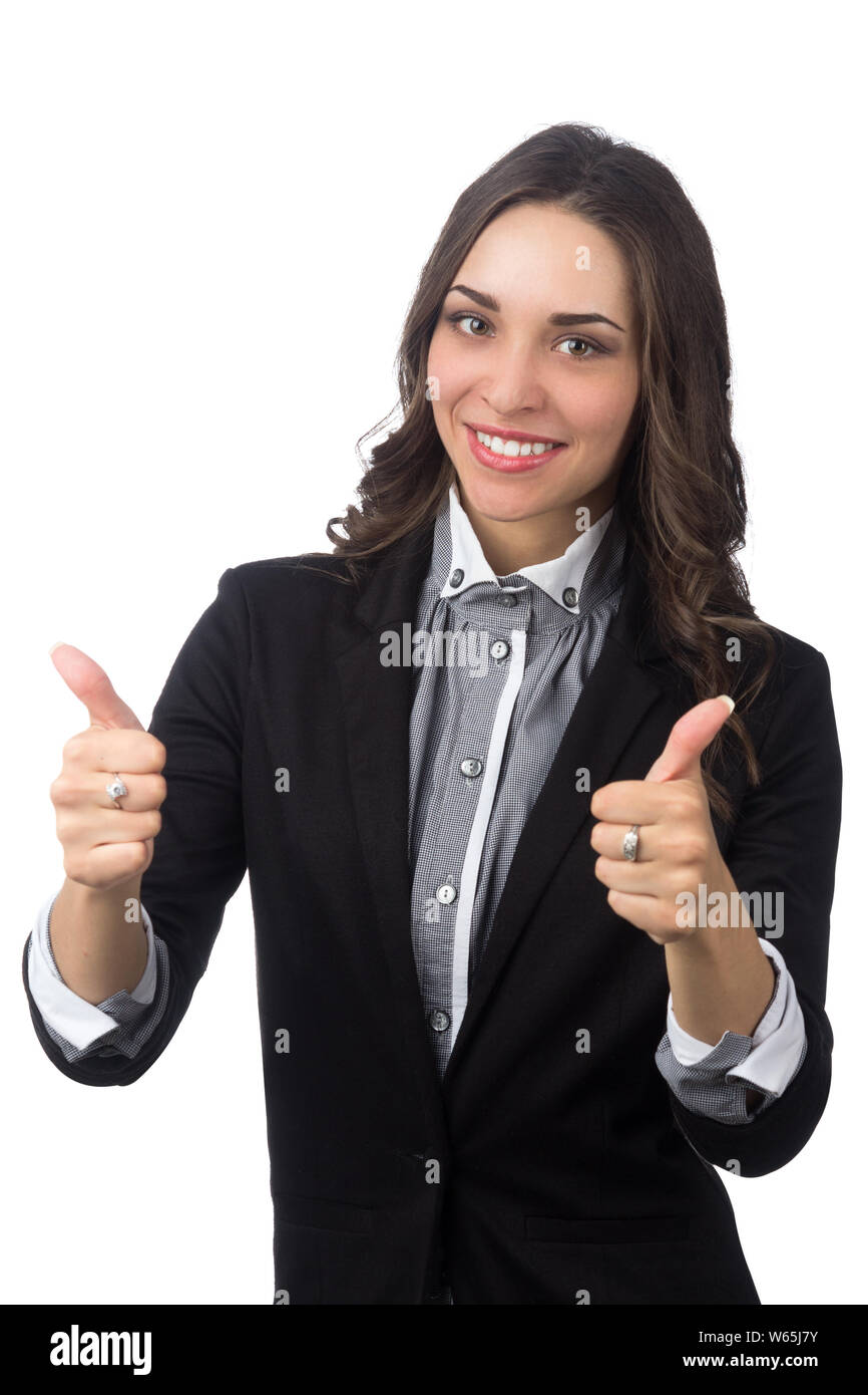 beautiful smiling girl holding thumbs up isolated on white Stock Photo ...
