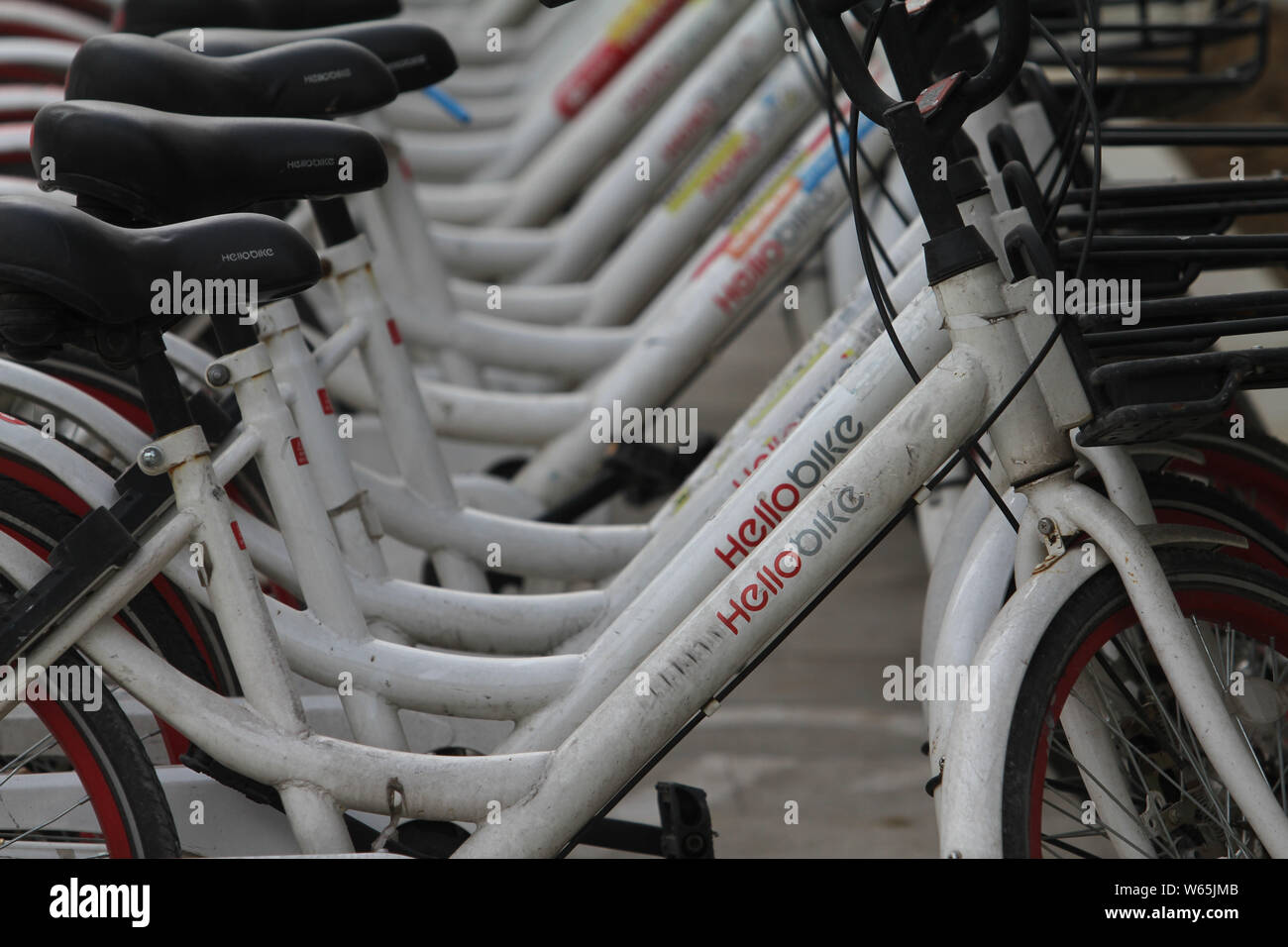 --FILE--Bicycles of Chinese bike-sharing service Hellobike are lined up ...