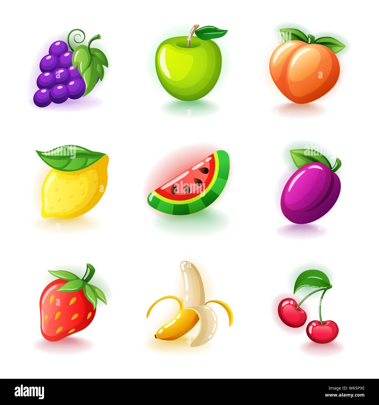 Set of colorful fruits - Glossy cherries, grapes, half-peeled banana ...