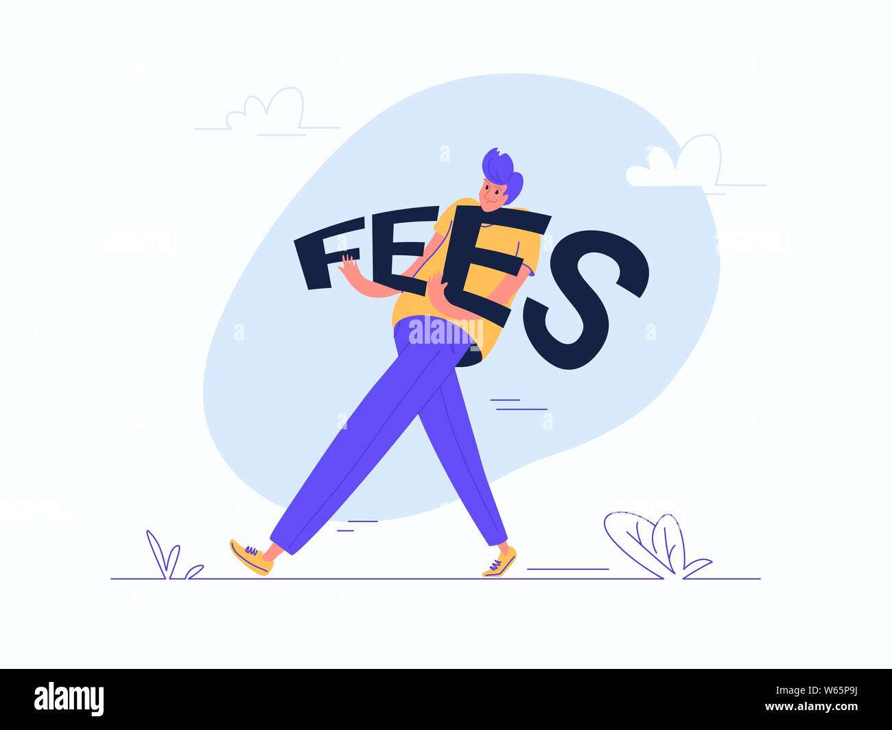 Young man carrying heavy fees word. Flat modern concept vector ...