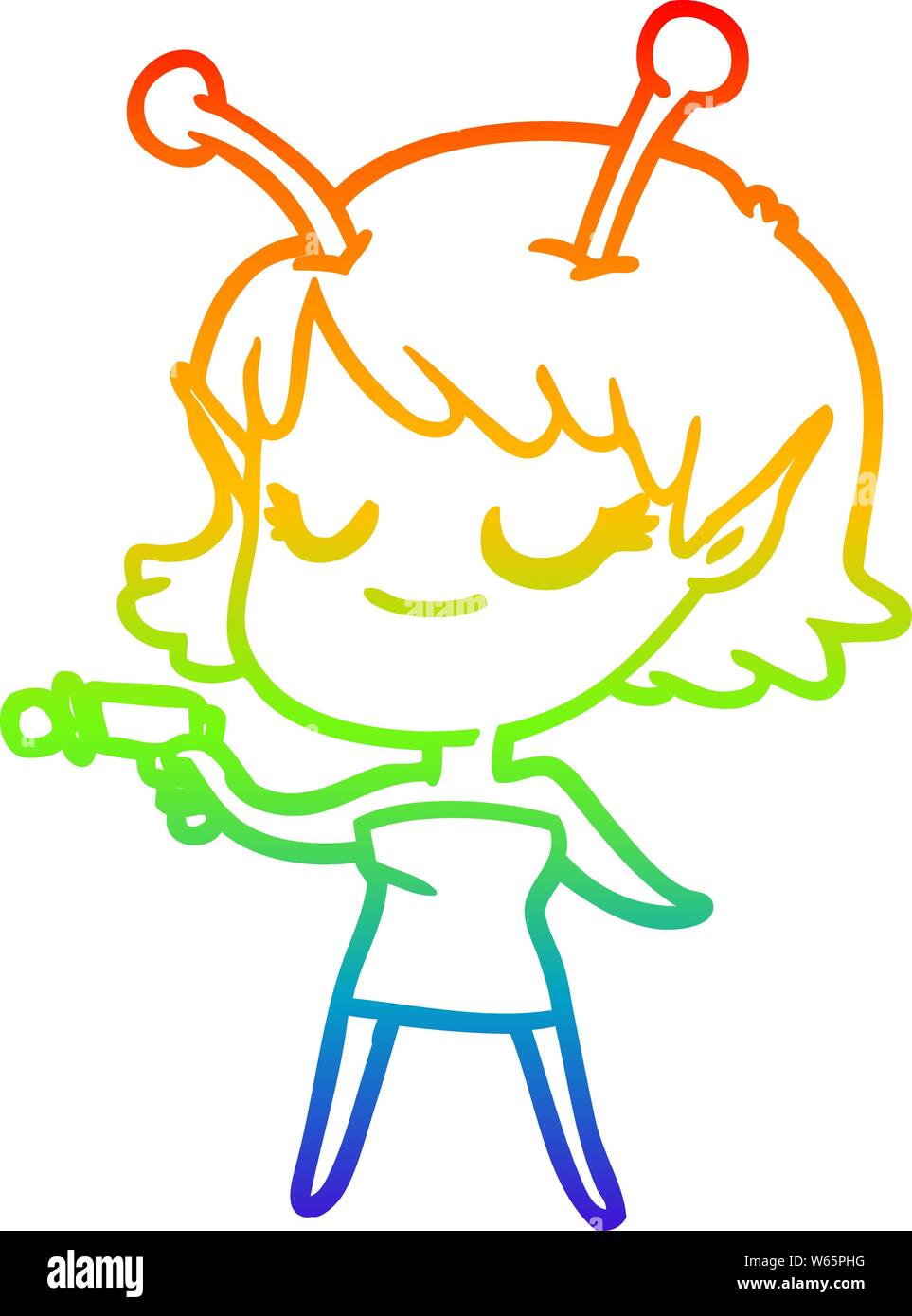 rainbow gradient line drawing of a smiling alien girl cartoon pointing ...