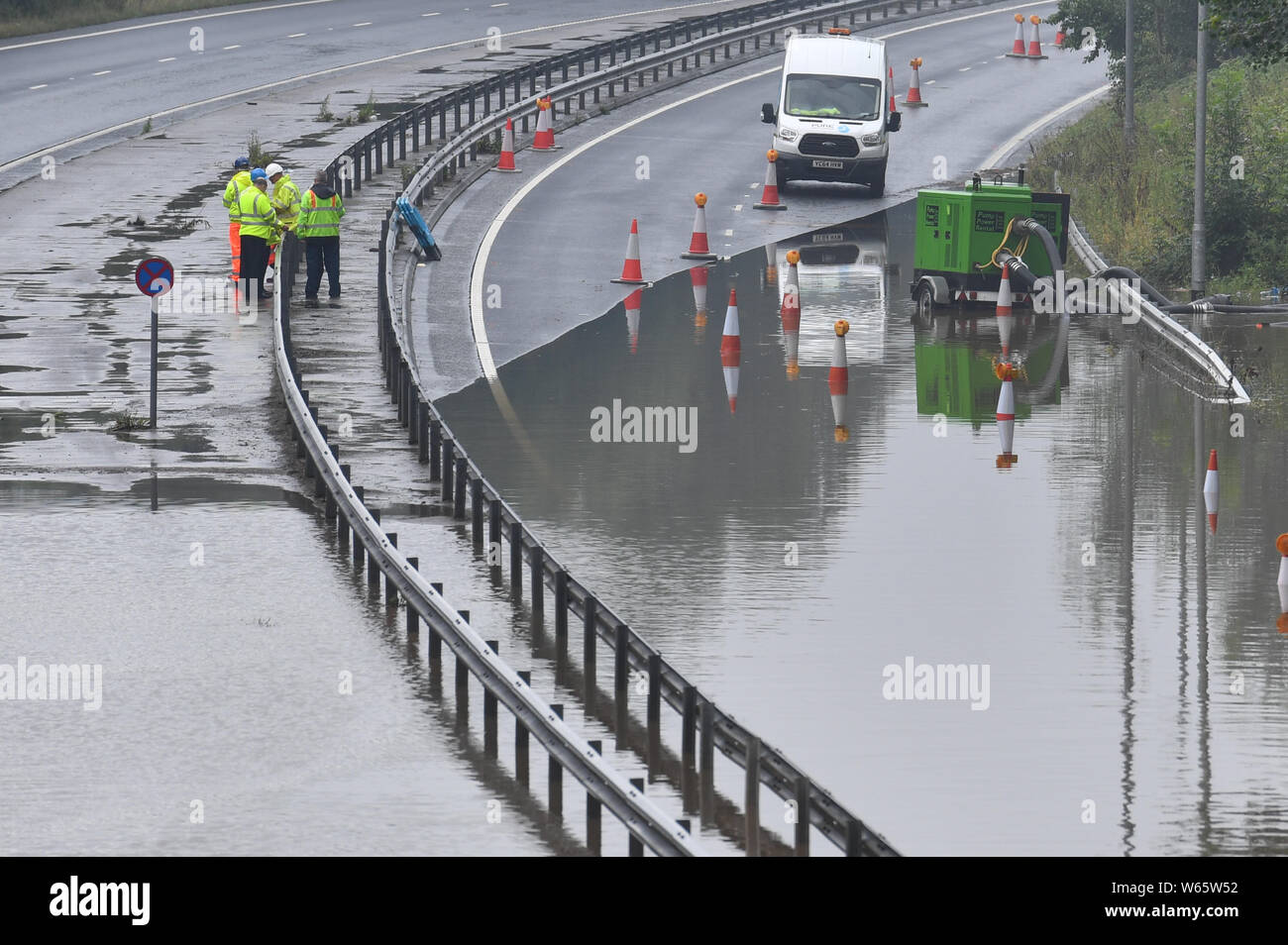 Flooding which has closed the A555 in Stockport, Manchester Stock Photo ...