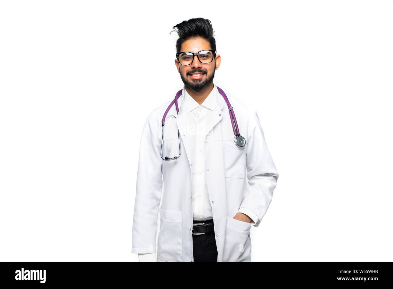 Male Indian doctor wearing a white coat and stethoscope. Isolated on ...